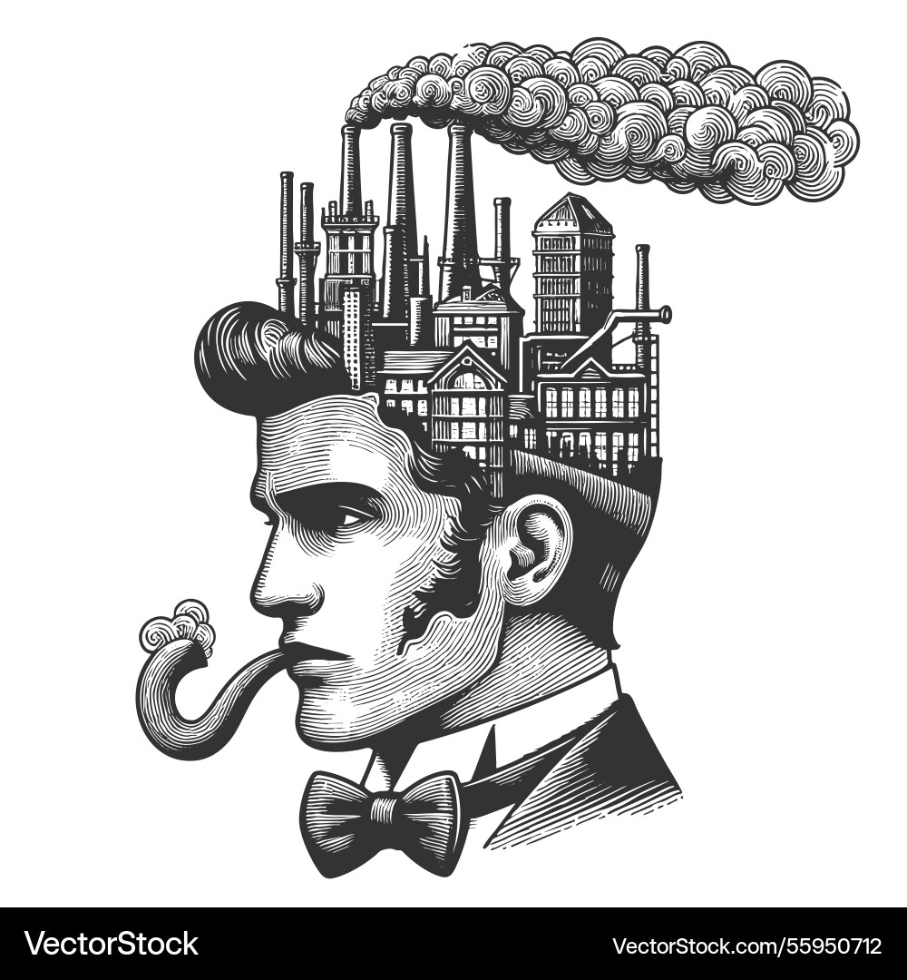 Man with factory head engraving Royalty Free Vector Image
