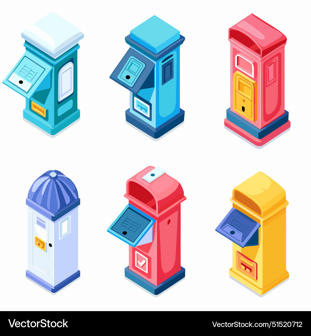 Six colorful mailboxes isometric design isolated Vector Image