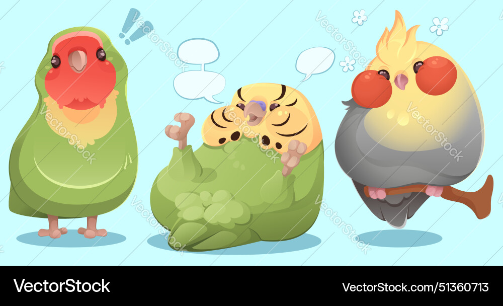 Comic parrot birds set isolated on blue Royalty Free Vector