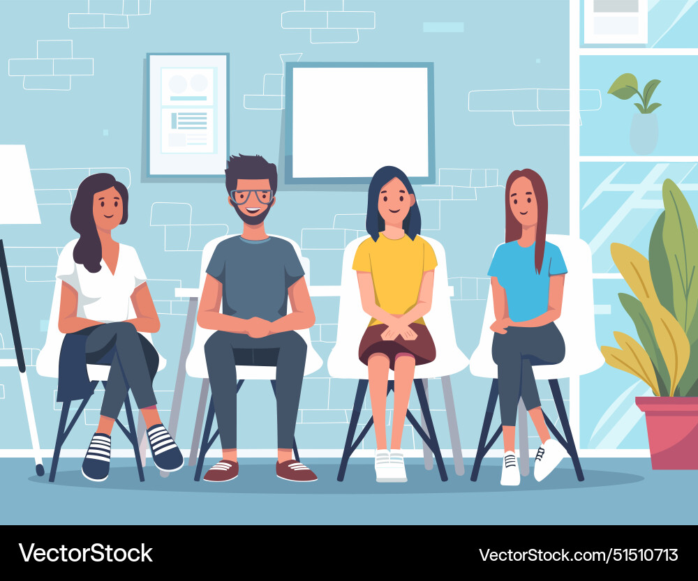 Four young adults sitting office waiting area Vector Image