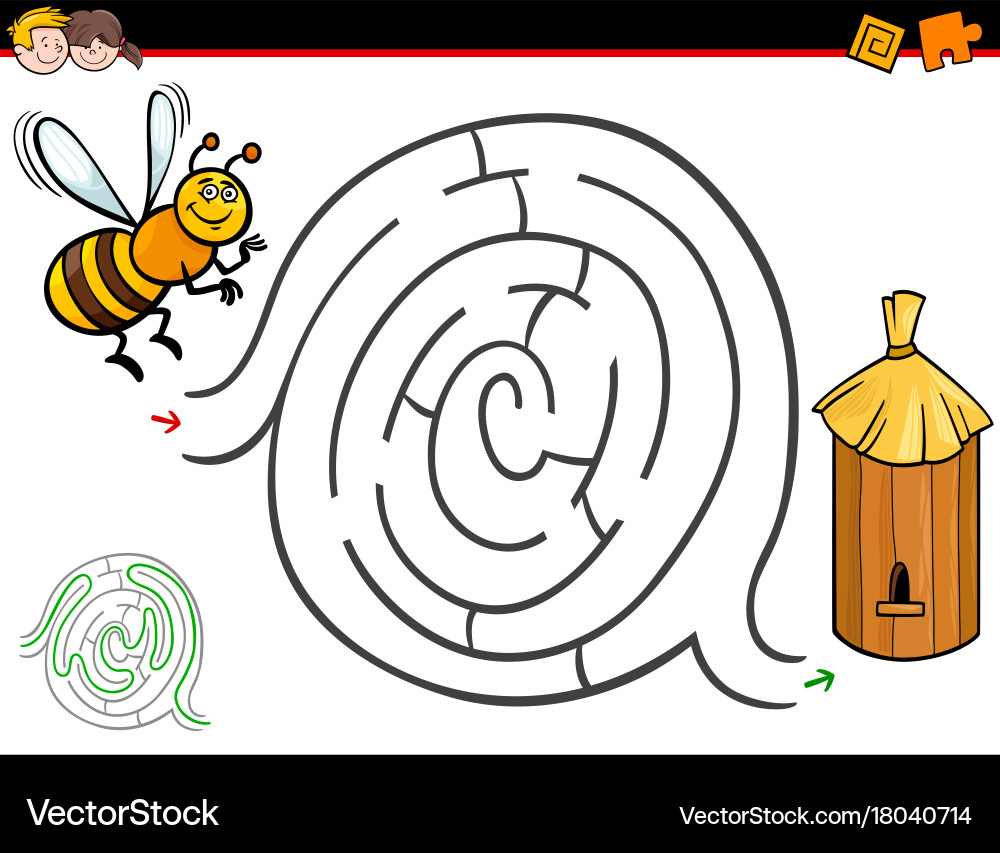 Cartoon maze activity with bee and hive Royalty Free Vector