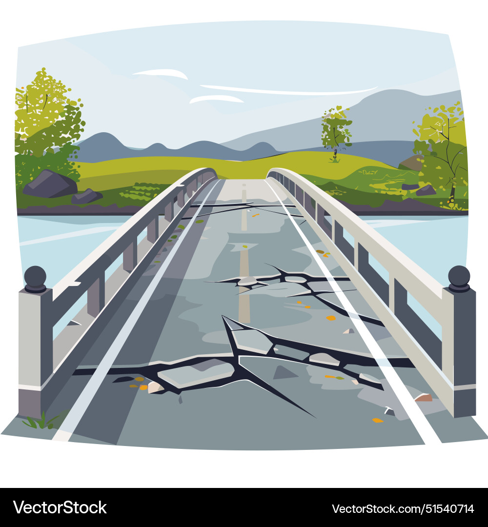 Damaged bridge road cracked after earthquake Vector Image