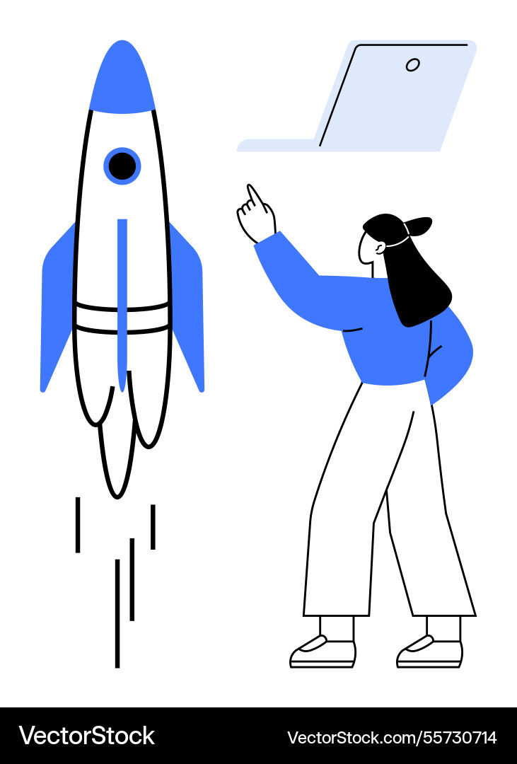 Woman pointing at a soaring rocket next Royalty Free Vector