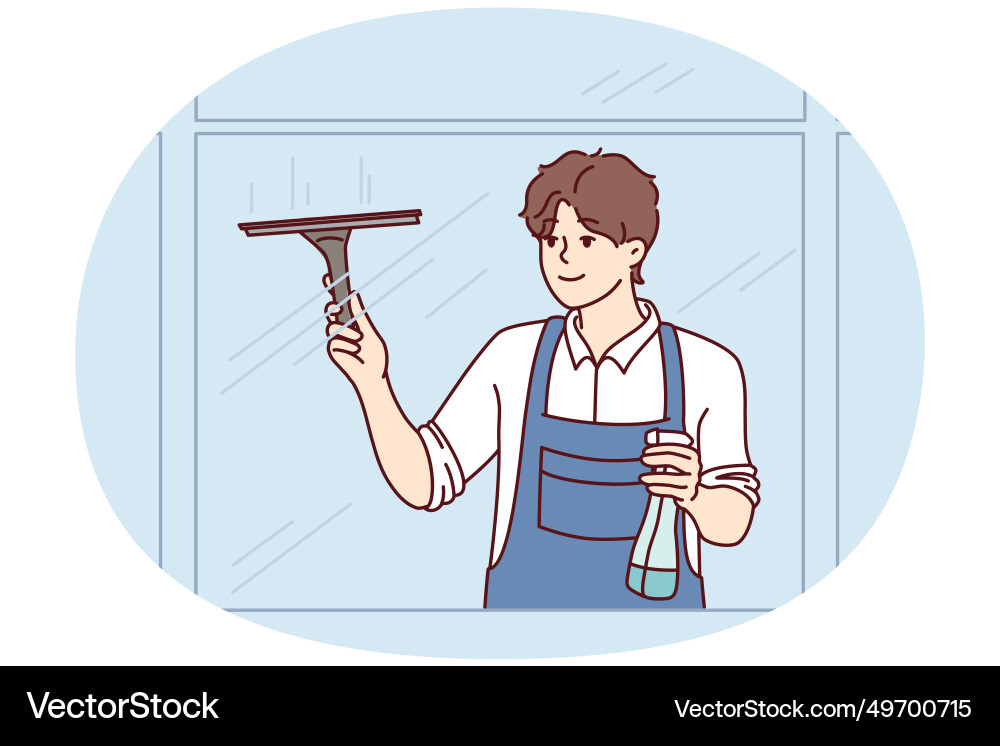 Man washes windows using brush and spray bottle Vector Image