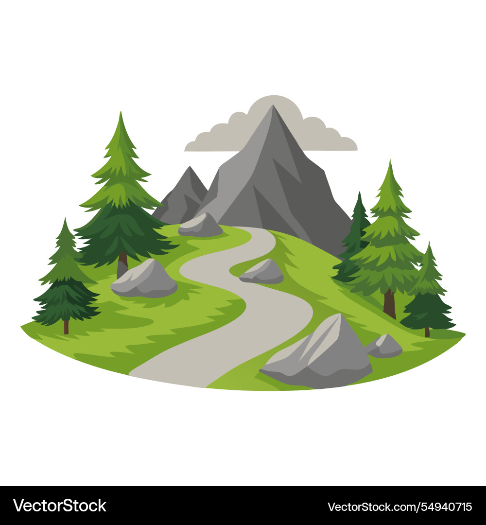Mountain paths with lush green pines and grey Vector Image
