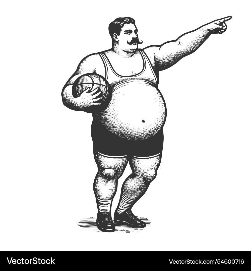 Overweight man holding ball and pointing Vector Image