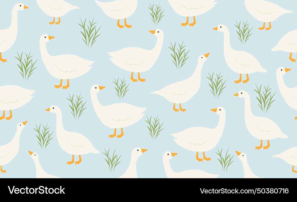 Seamless pattern with cute white geese and grass Vector Image