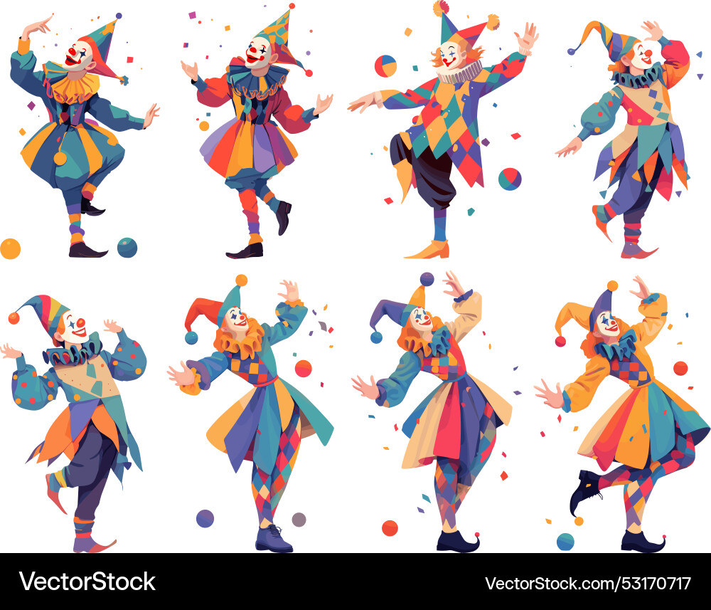 Dancing clown set jester circus Royalty Free Vector Image