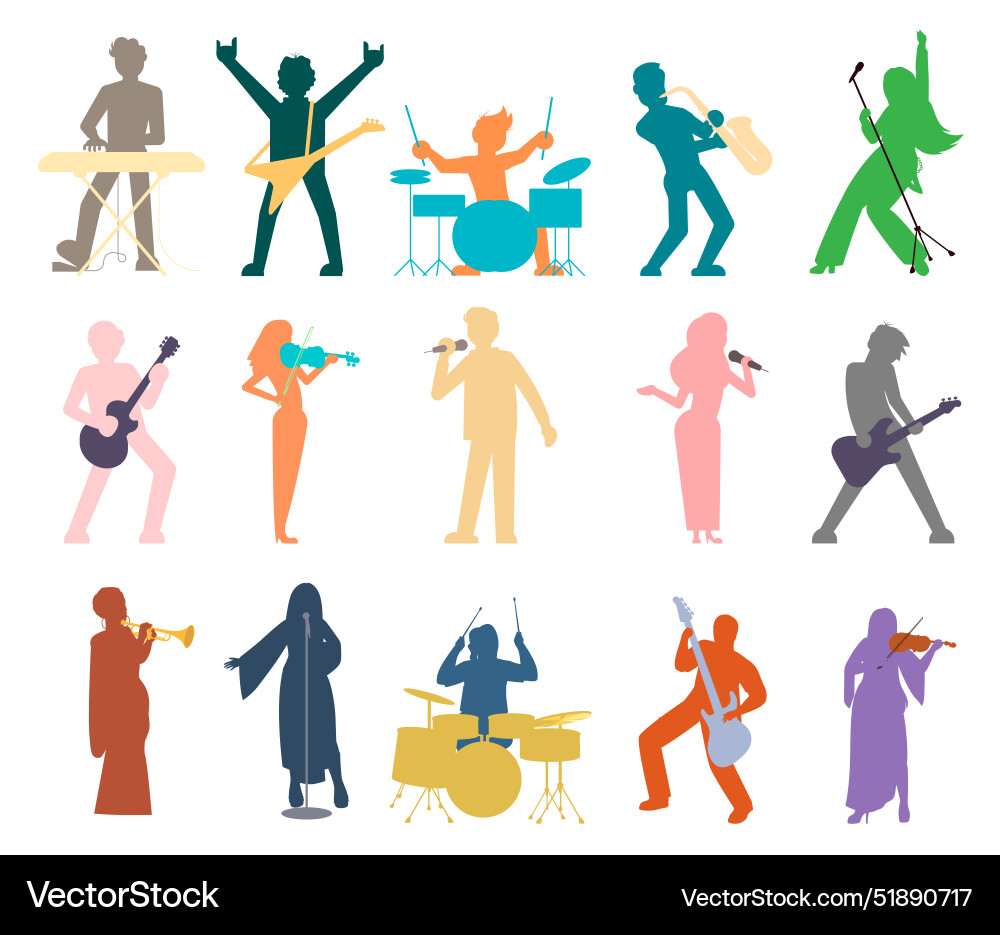 People musicians color silhouettes playing Vector Image