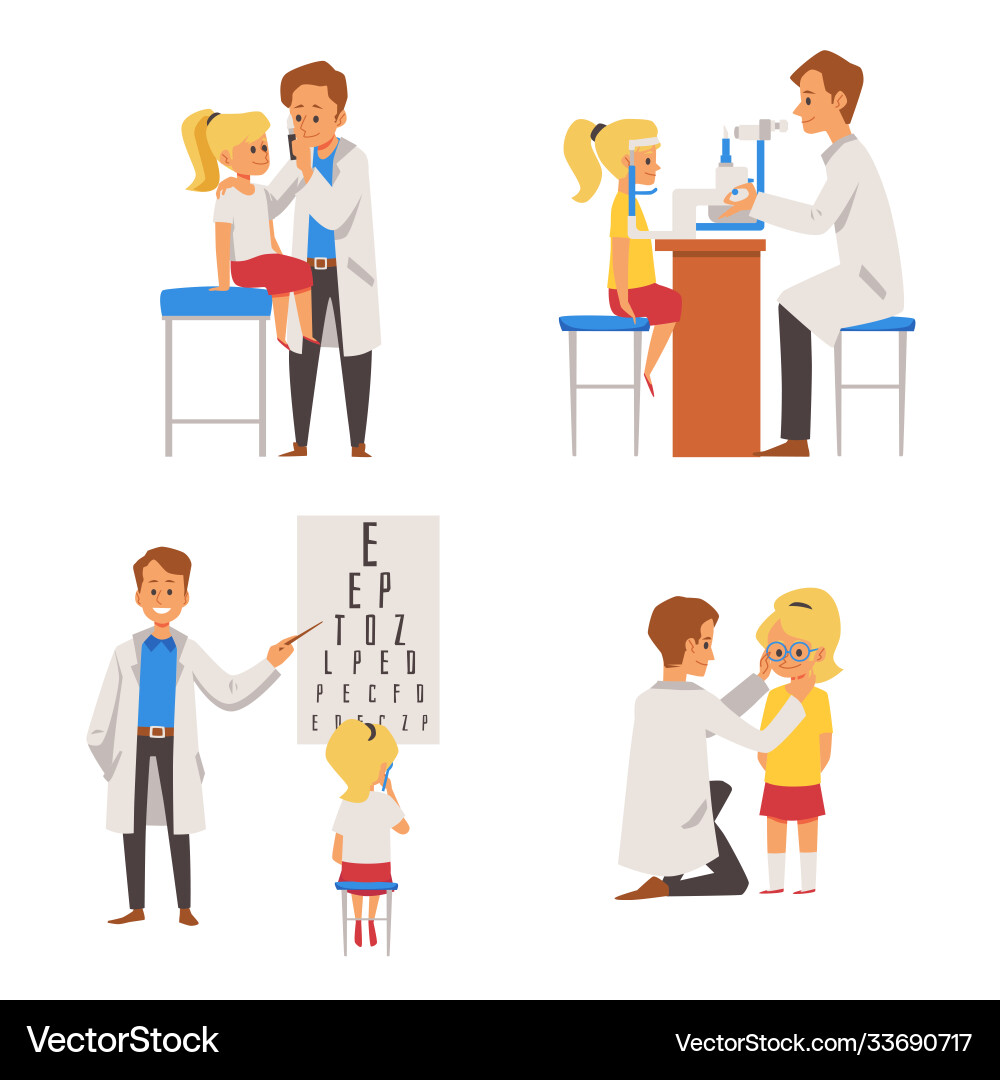 Set children eye vision checkup in clinic flat Vector Image