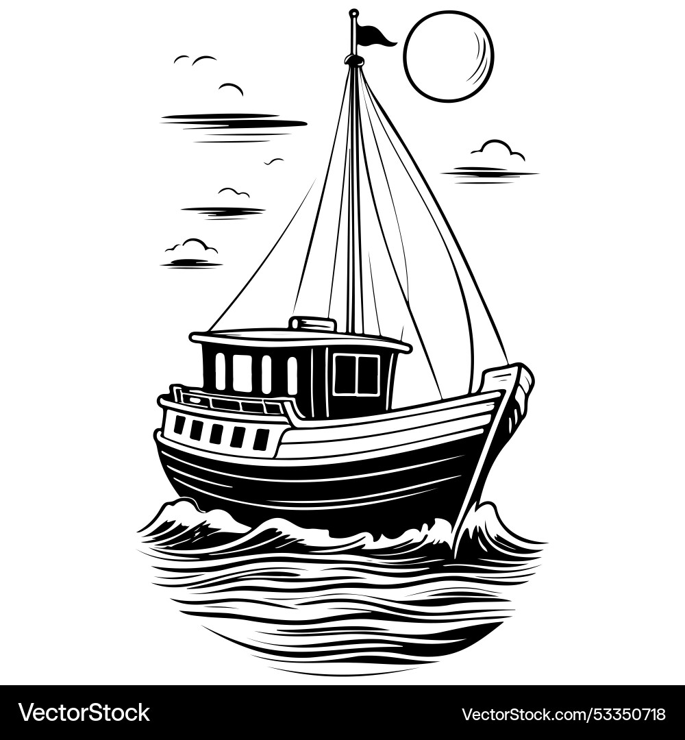 Boat drawing line head art black realistic Vector Image