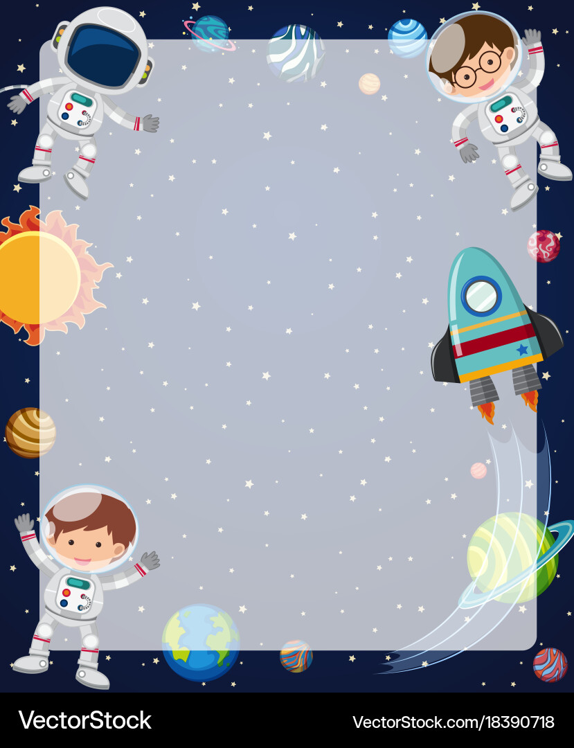 Border template with astronauts flying in sky Vector Image