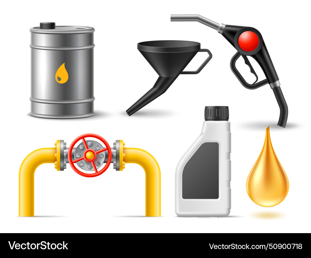 Realistic fuel elements 3d barrel golden oil drip Vector Image
