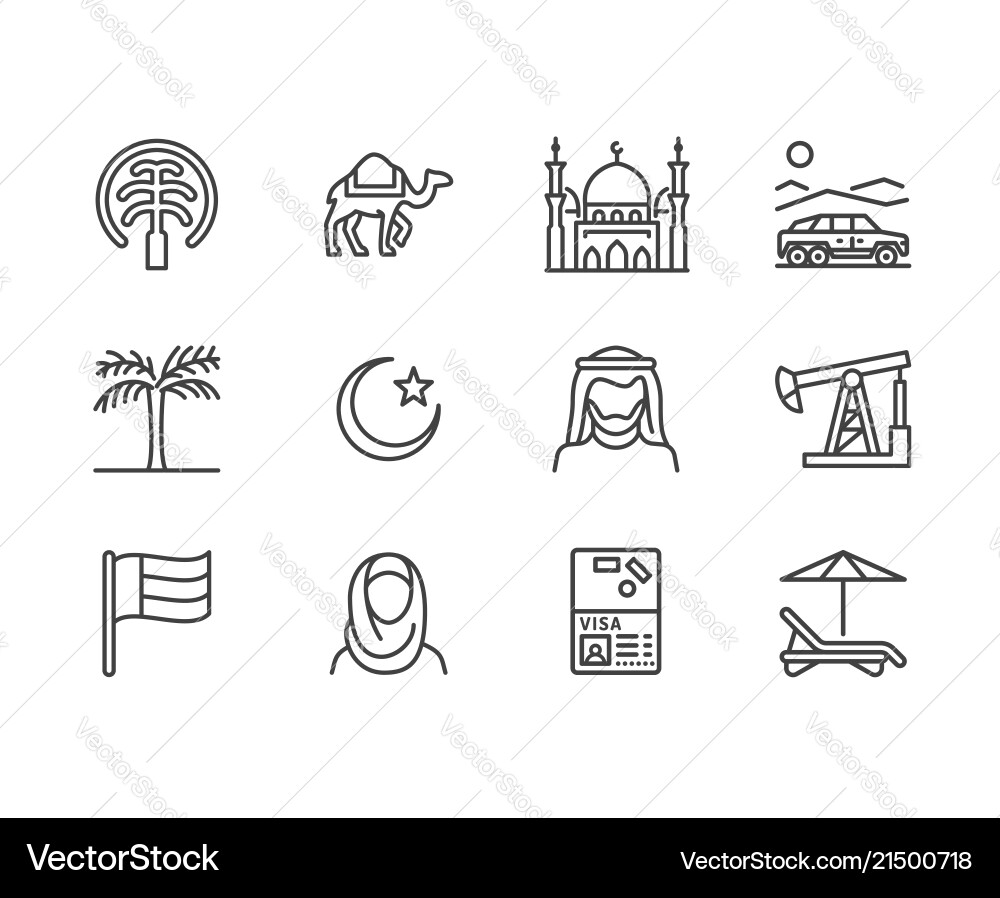 Uae flat line icons arab emirates flag dubai Vector Image
