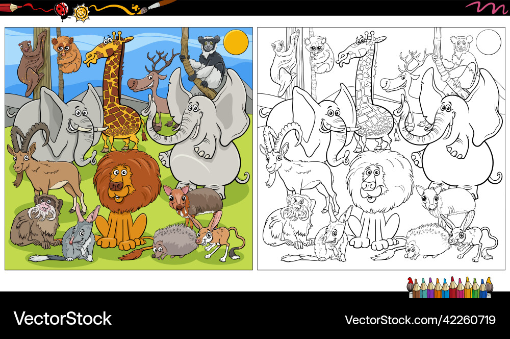 Cartoon wild animal characters group coloring Vector Image