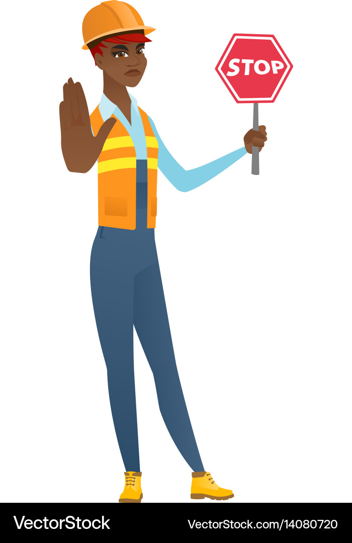African-american builder holding stop road sign Vector Image