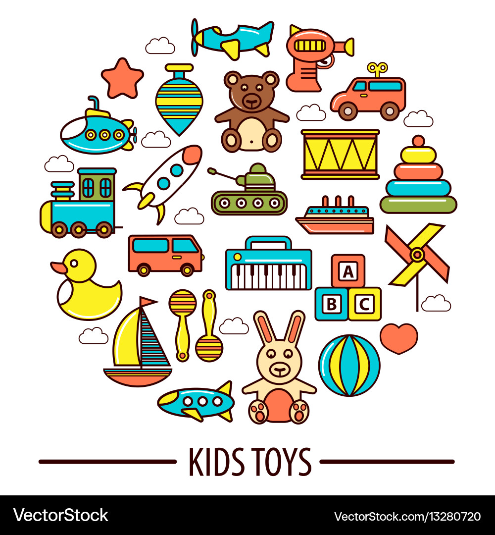 Kid toys or children playthings poster Royalty Free Vector