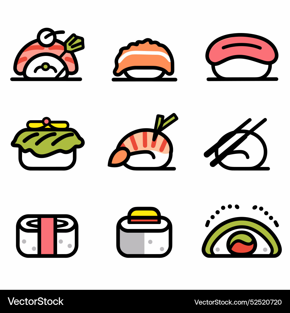 Set nine sushi sashimi icons simple flat design Vector Image