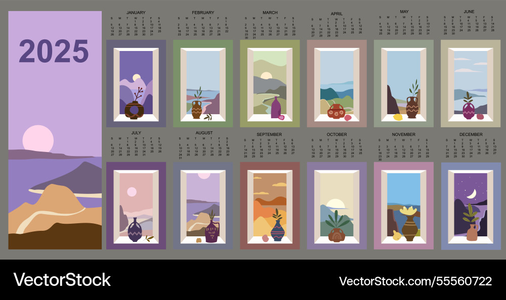 Monthly 2025 calendar flat boho landscape still Vector Image