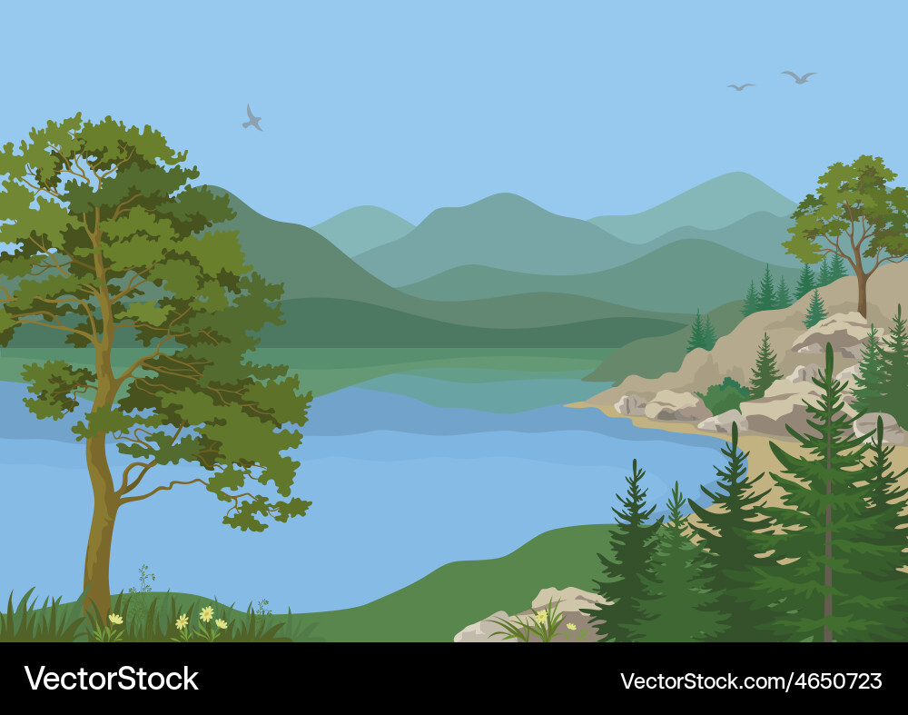 Landscape with trees and mountain lake Royalty Free Vector