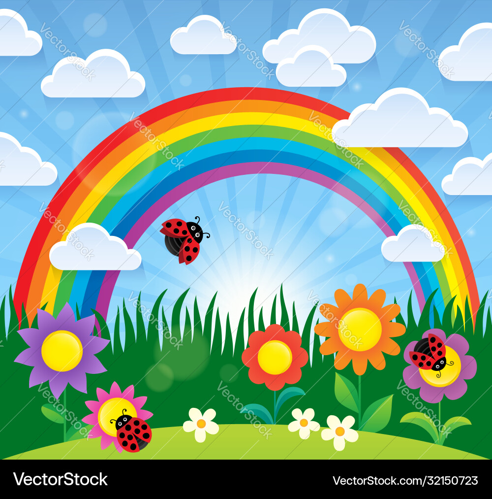 Spring theme with flowers and rainbow Royalty Free Vector