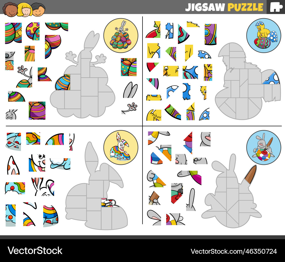 Jigsaw puzzle games set with funny easter bunnies Vector Image