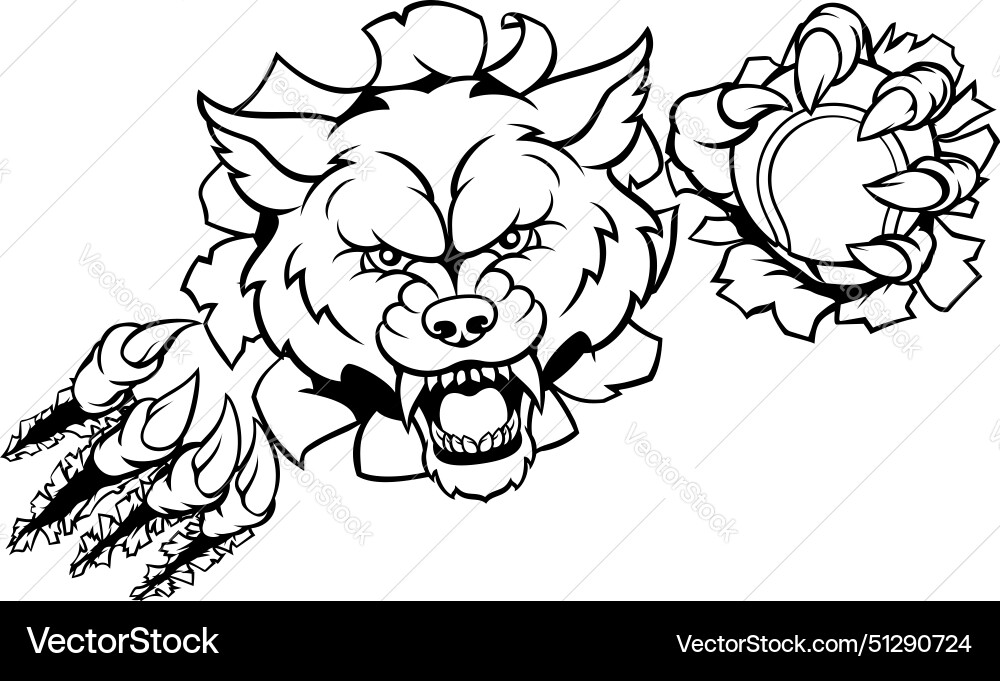 Wolf tennis mascot breaking background Royalty Free Vector