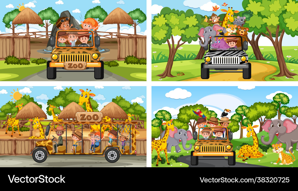 Four different zoo scenes with kids and animals Vector Image