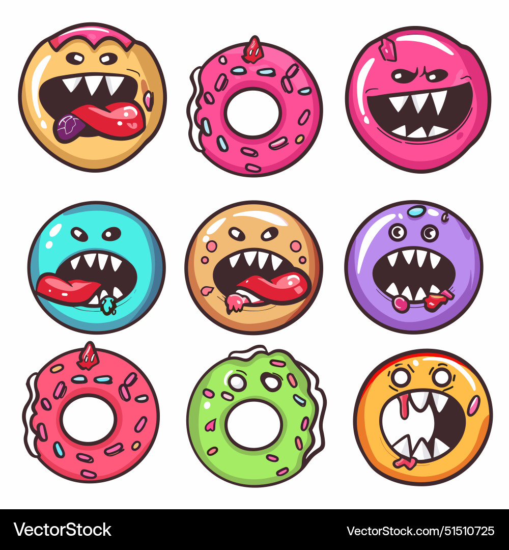 Nine colorful cartoon donuts various expressions Vector Image