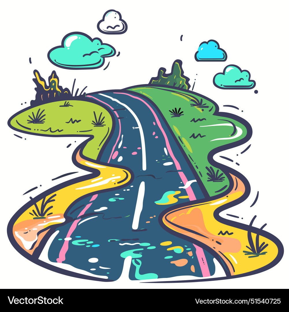 Winding road cartoon through colorful hills Vector Image