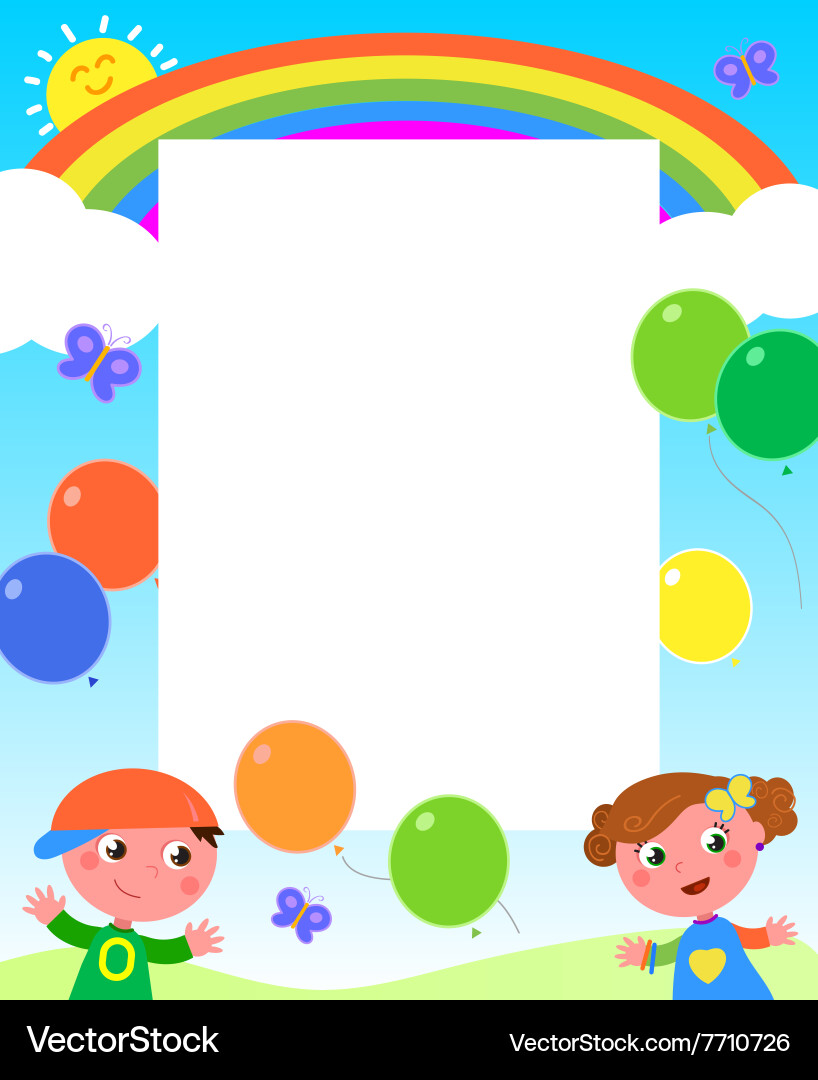 Rainbow kids and balloons frame Royalty Free Vector Image