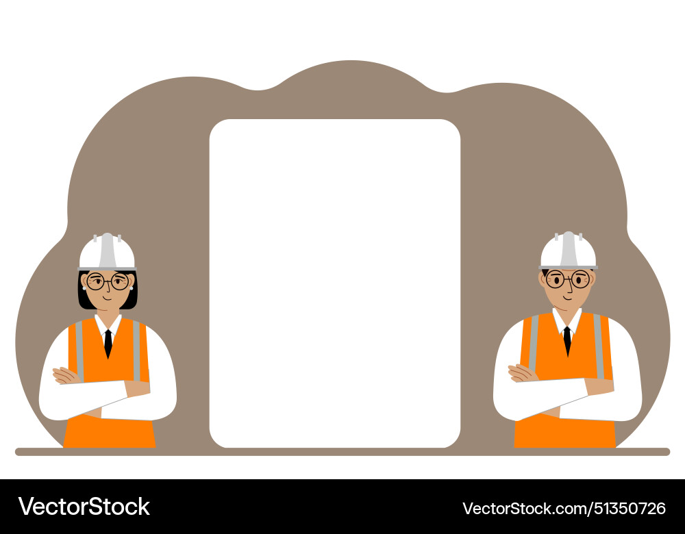 Two engineers in helmets and orange vests stand Vector Image