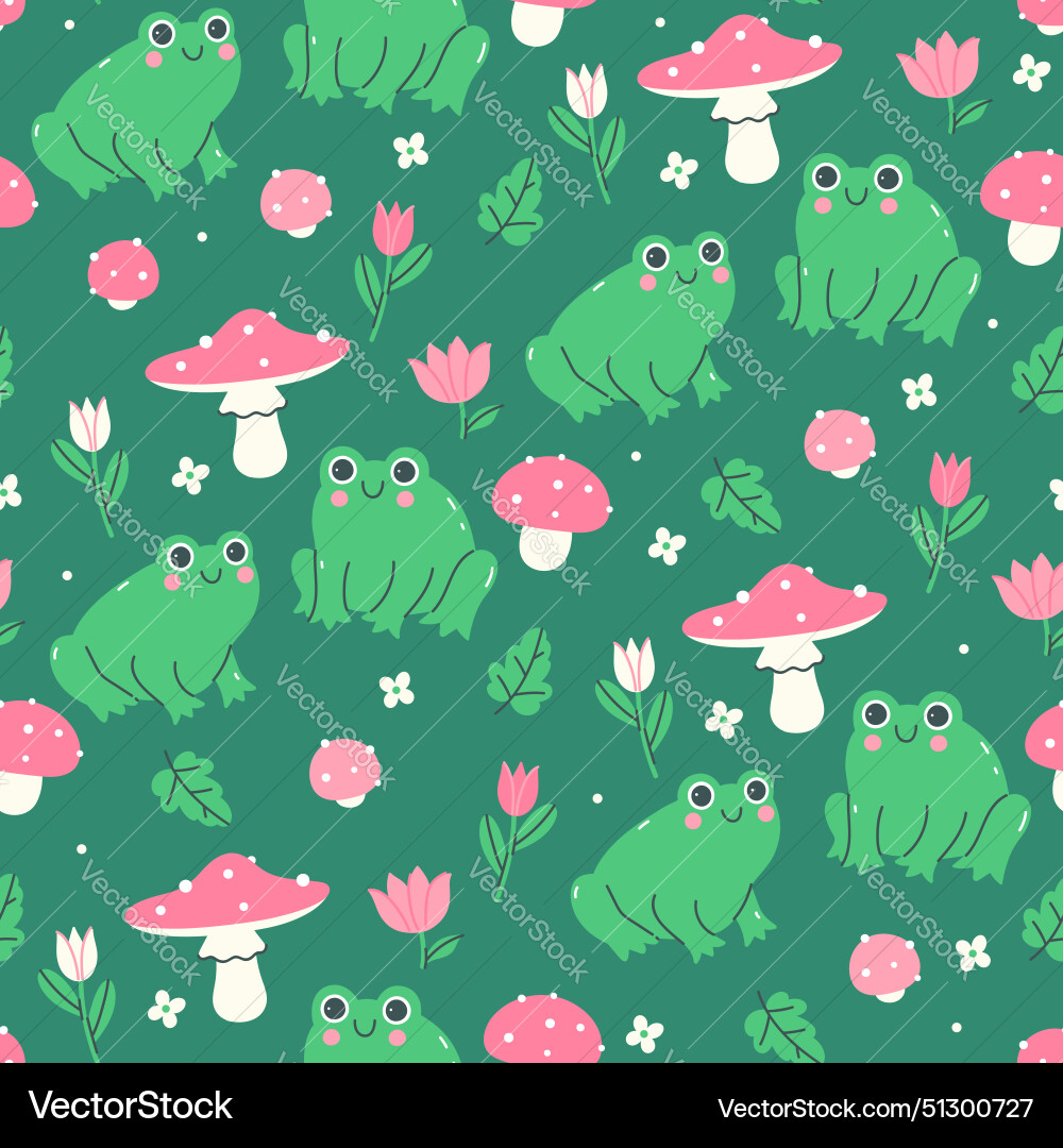Seamless pattern with cute frogs flowers fly Vector Image
