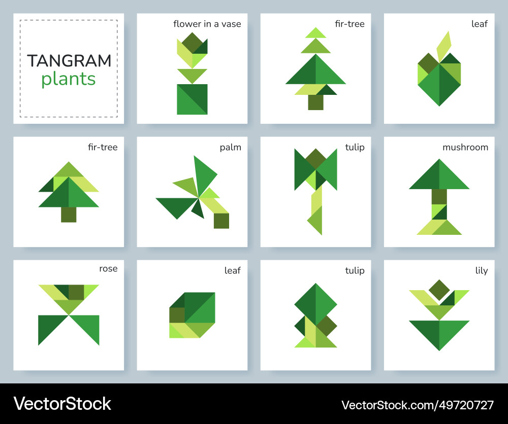 Tangram puzzle set with various plants Royalty Free Vector