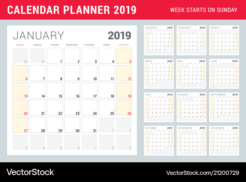 Calendar planner for 2019 year week starts Vector Image