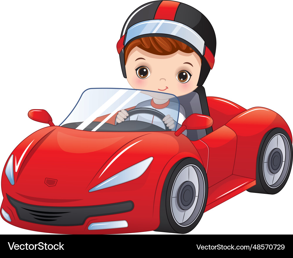 Cute little boy driving racing car Royalty Free Vector Image