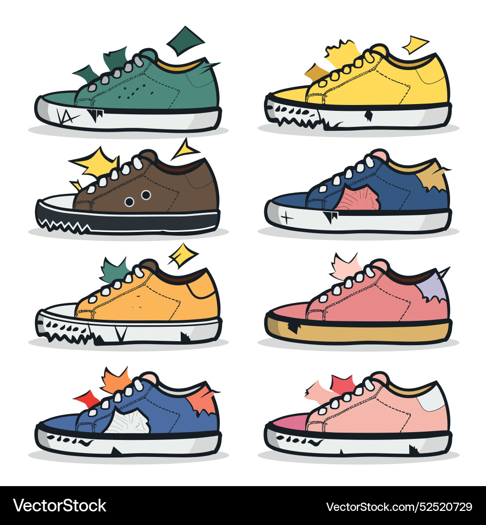 Eight cartoon sneakers displaying various emotions