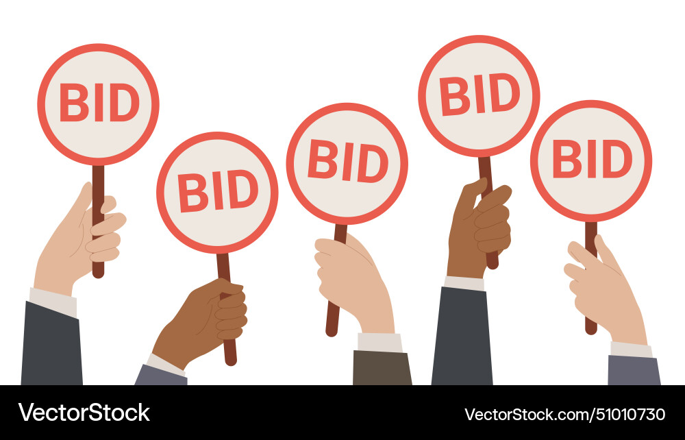 Auction bidding process hands hold paddles Vector Image