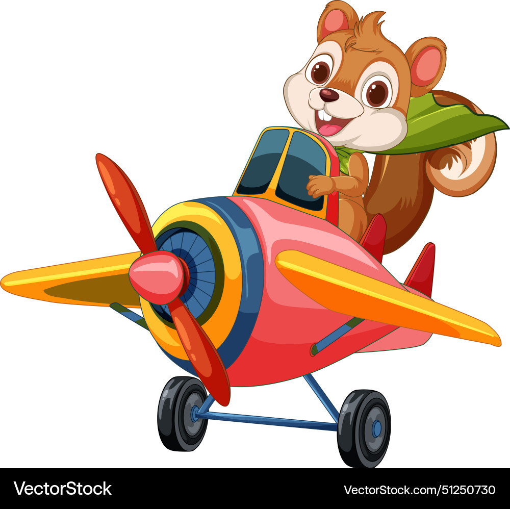 Cartoon squirrel piloting a vibrant small airplane
