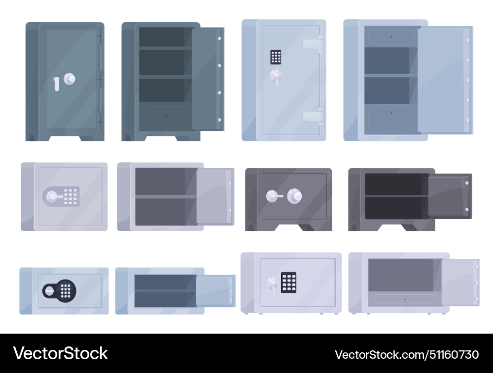 Metal safes with open and closed doors bank Vector Image