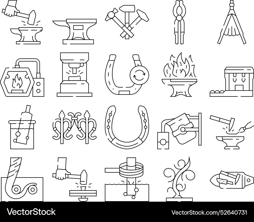 Blacksmith forge anvil work icons set Royalty Free Vector