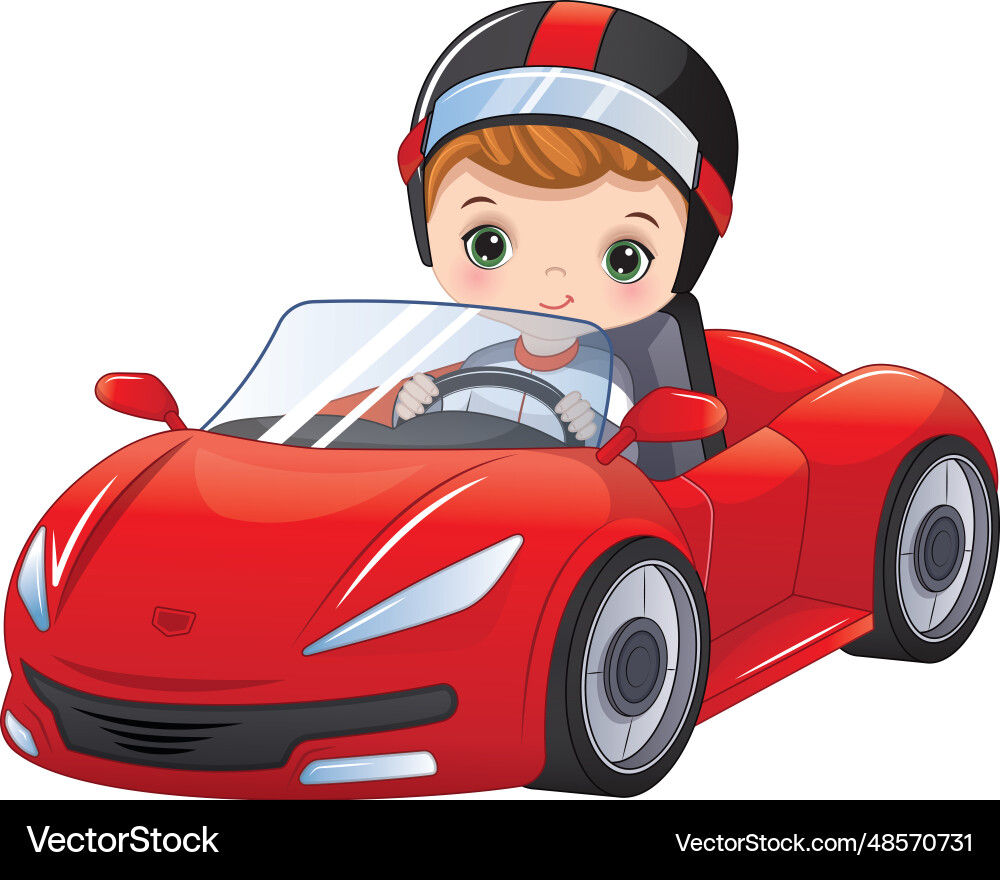 Cute little boy driving racing car Royalty Free Vector Image