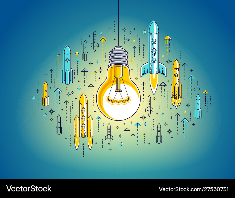 Shining light bulb and set launching rockets Vector Image