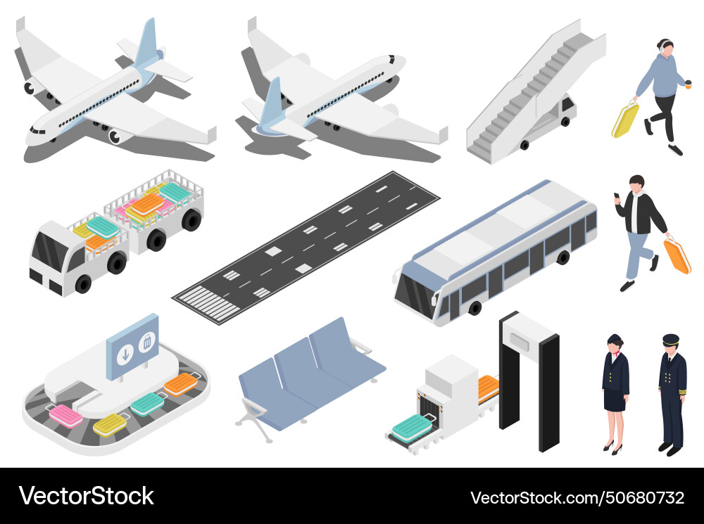 Airport isometric elements constructor mega set Vector Image