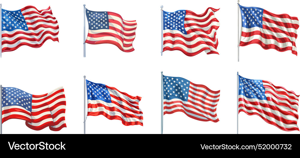 American flags set flag flutter in the wind Vector Image