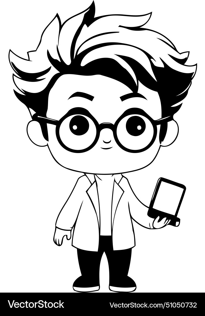 Cute boy in science lab coat and glasses holding Vector Image