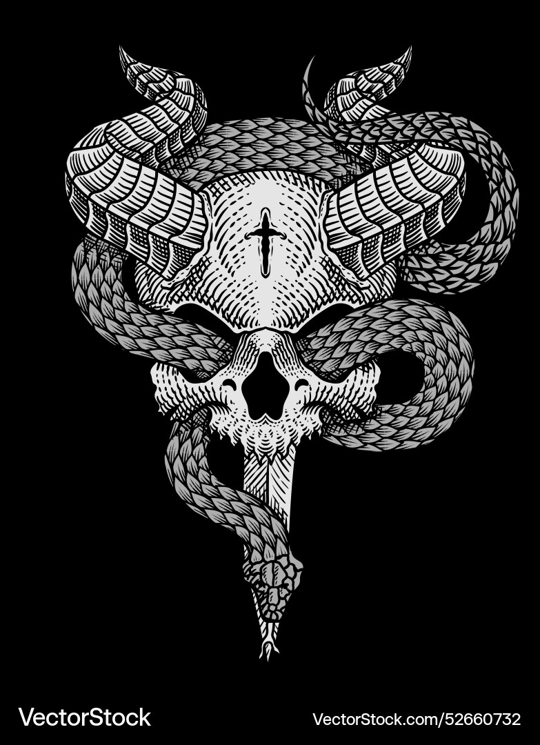 Demonic skull with snake on black background Vector Image