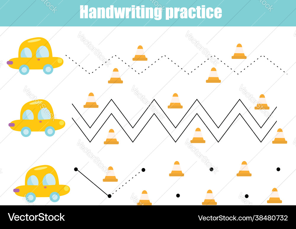 Handwriting practice sheet with riding car Vector Image