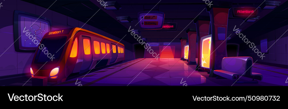 Metro station and train on rail platform at night Vector Image