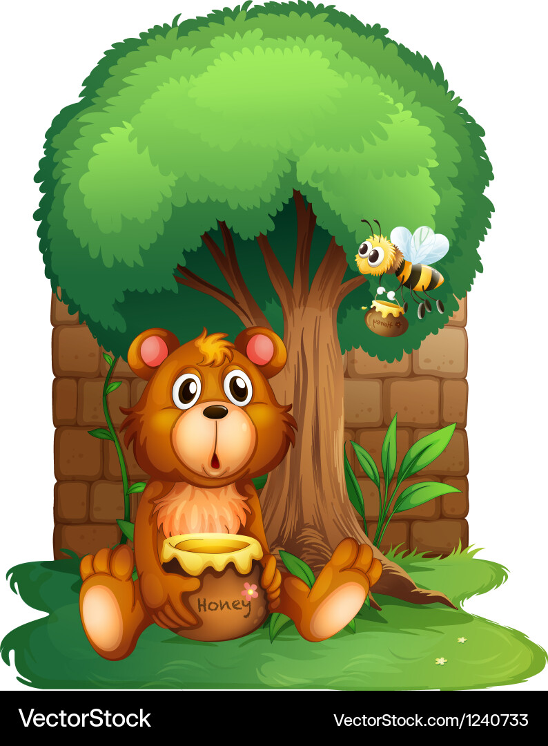 A bear and bee under big tree Royalty Free Vector Image